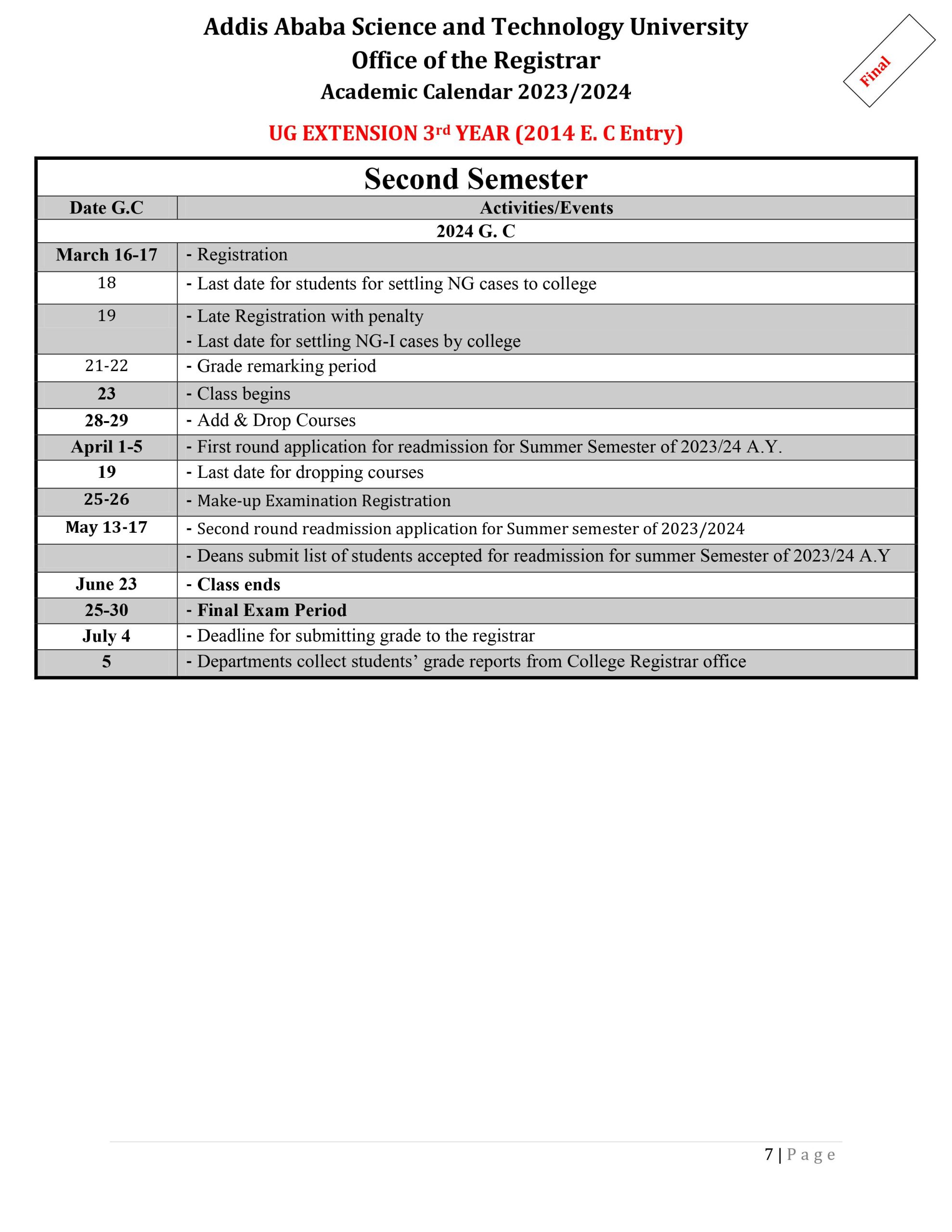 Academic Calendar – AASTU Registrar