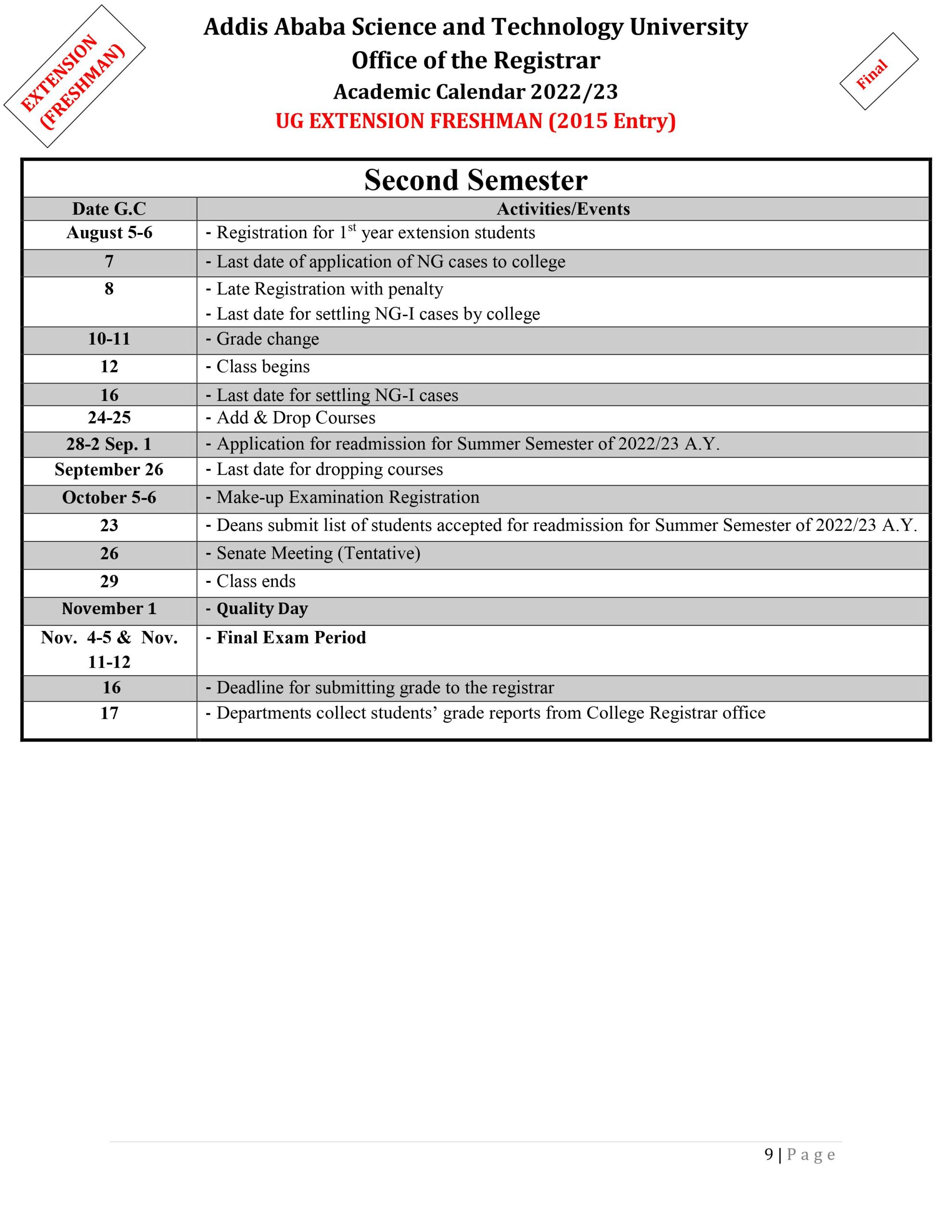 Academic Calendar – AASTU Registrar