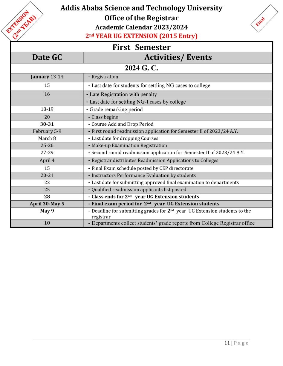 Academic Calendar – AASTU Registrar